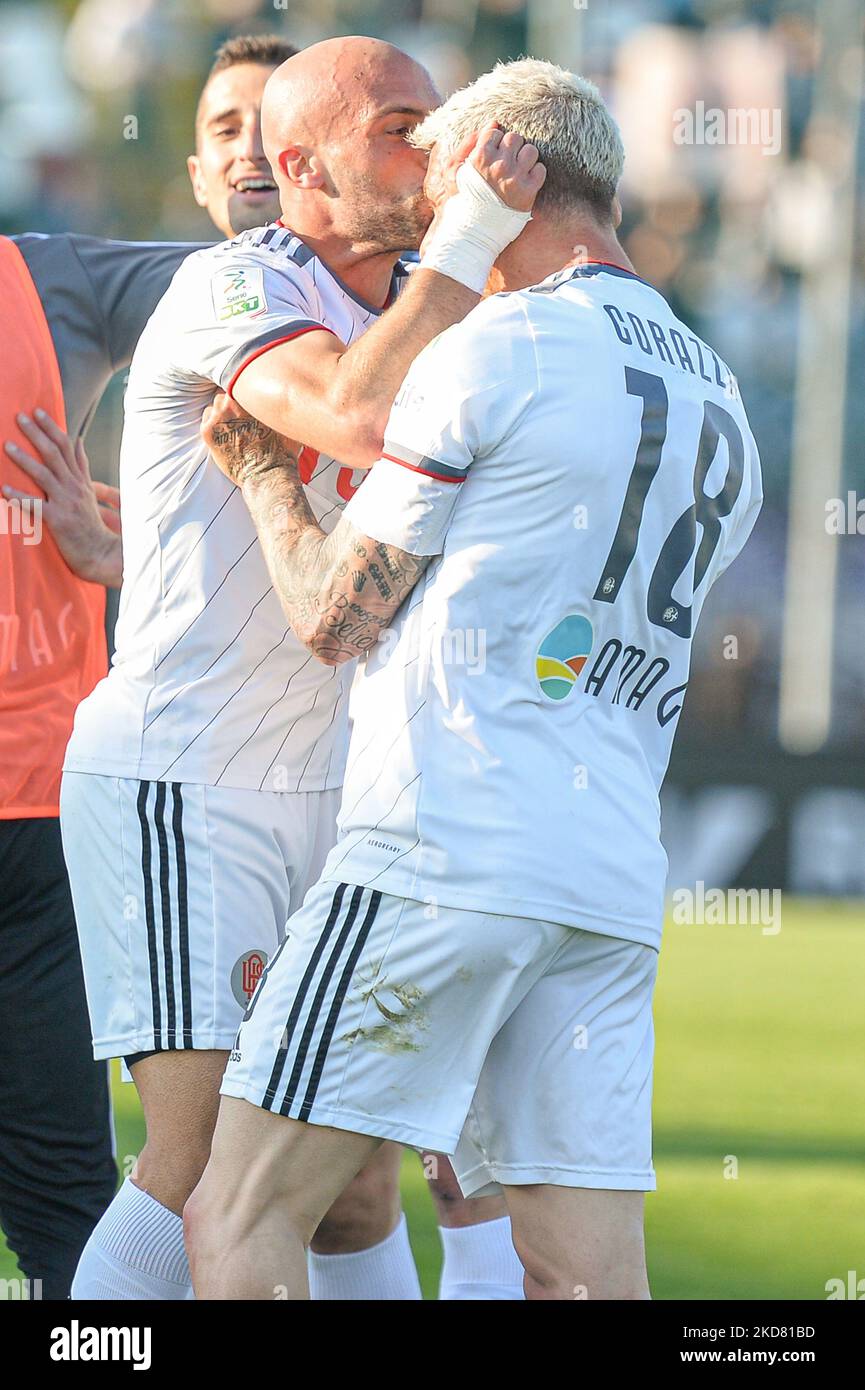 Simone Corazza of US Alessandria Calcio celebrates whit his team mate ...