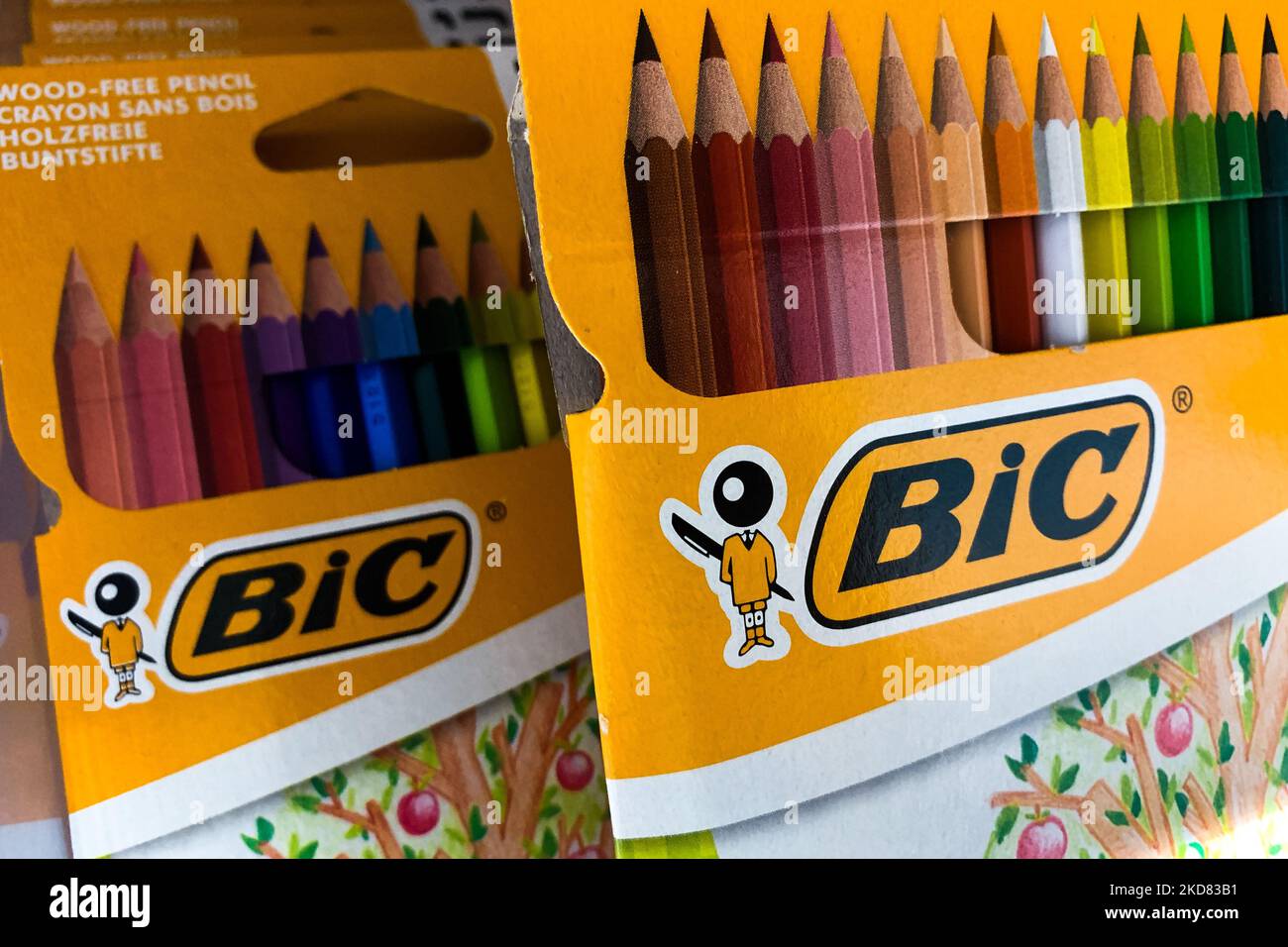 BIC crayons packaging are seen in a store in Poland on April 19, 2022 ...