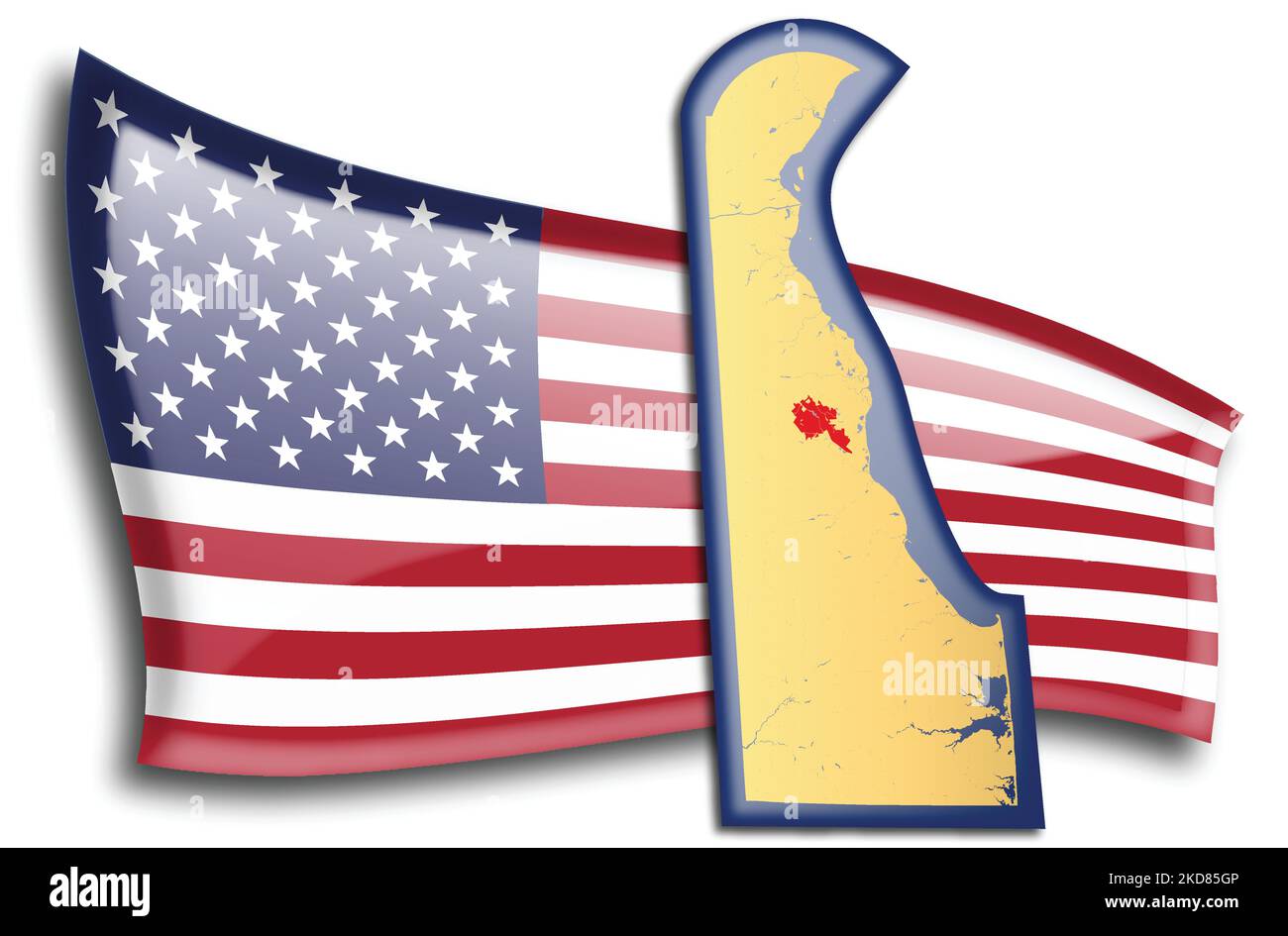 U.S. states - map of Delaware against an American flag. Rivers and ...