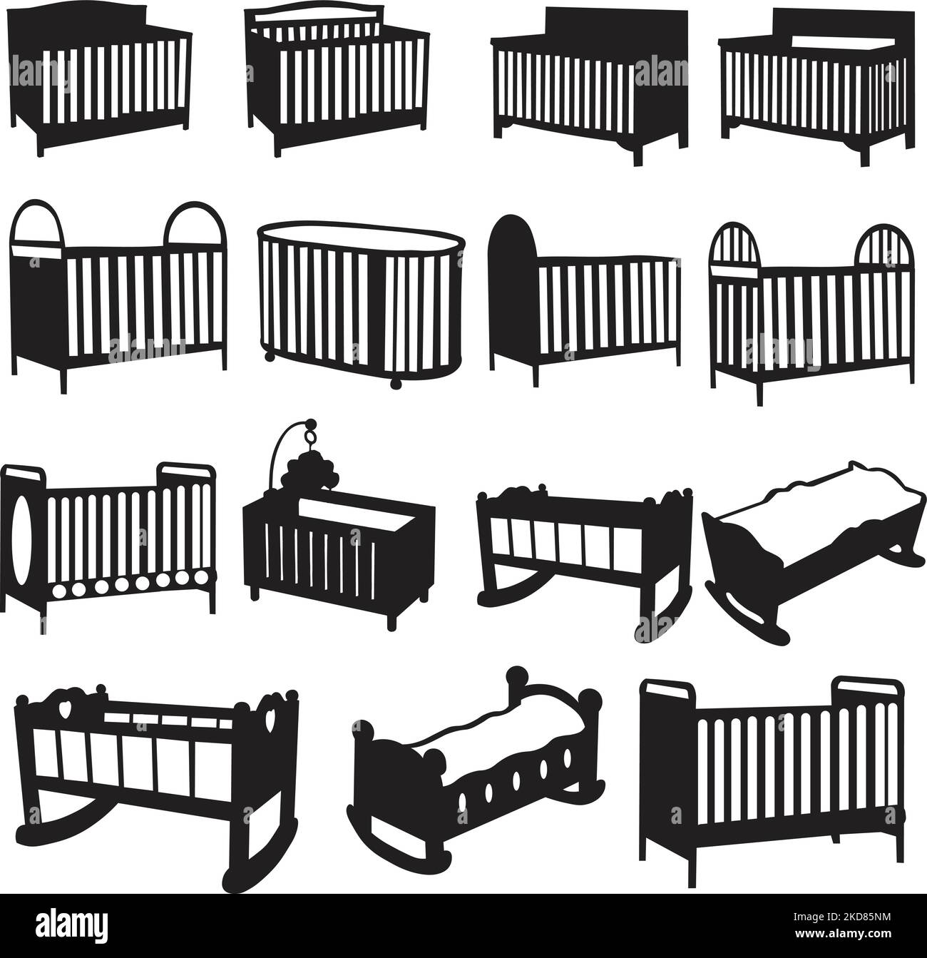 A digital illustration set of silhouettes of baby cribs on a white ...