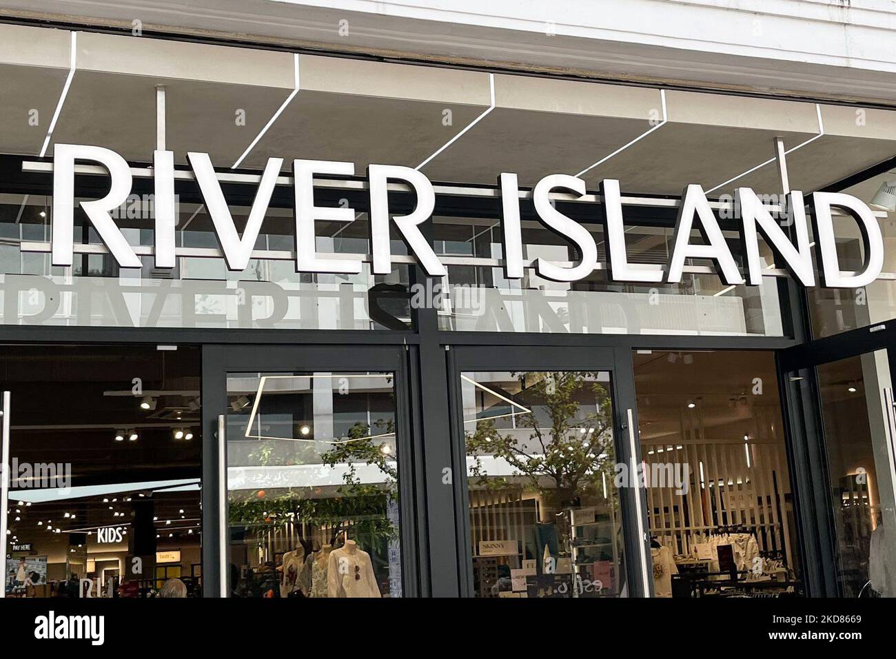 A River Island logo is seen in London 22 April 2022. (Photo by Giannis ...