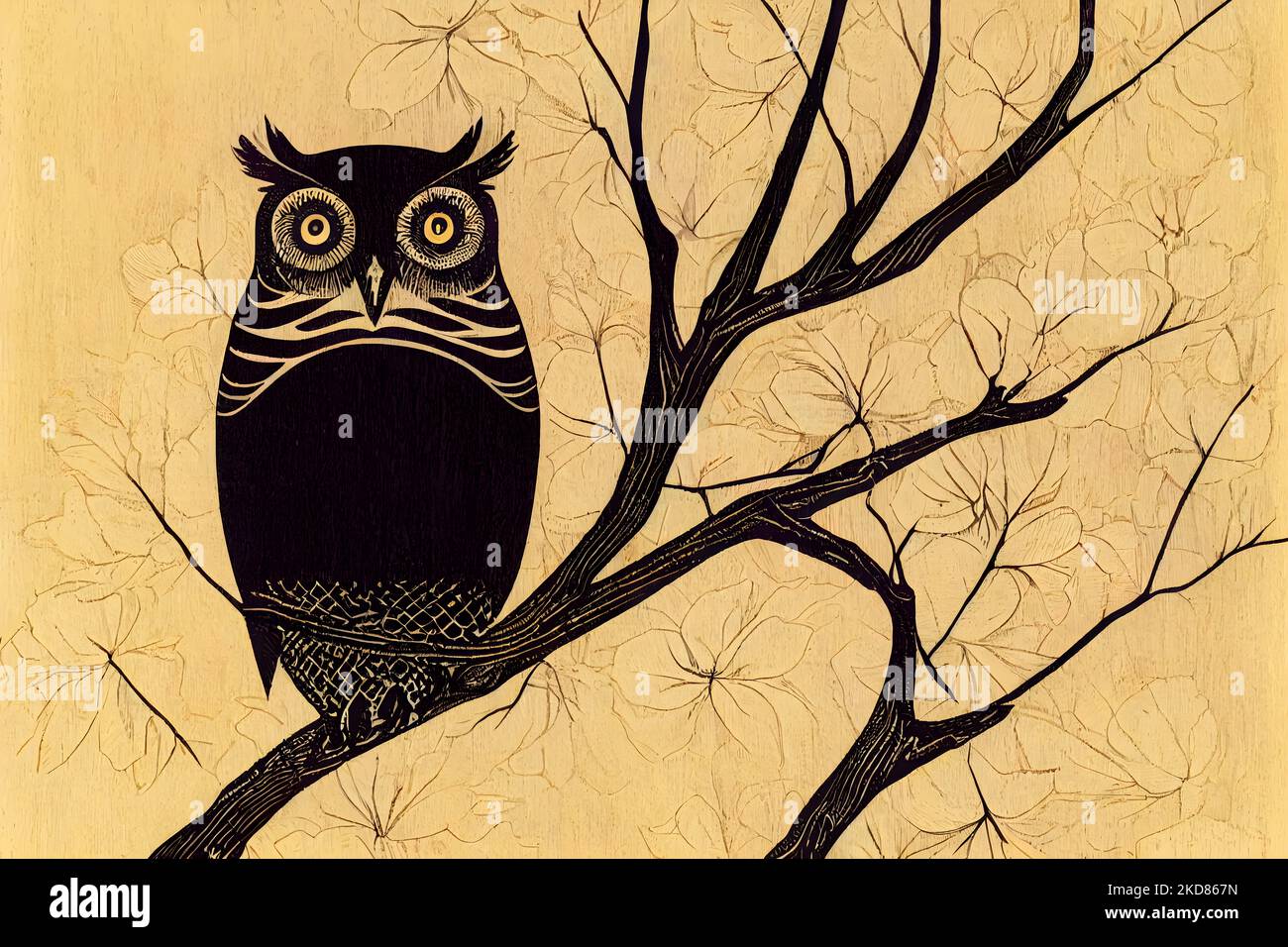 A colourful painting of the owl perched on a tree branch Stock Photo - Alamy