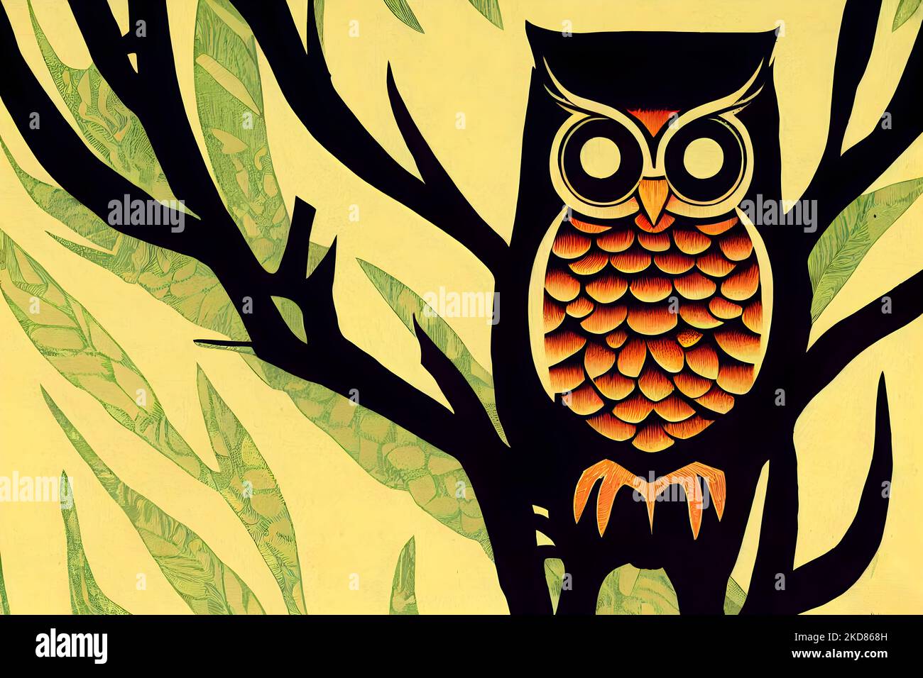A colourful painting of the owl perched on a tree branch Stock Photo ...