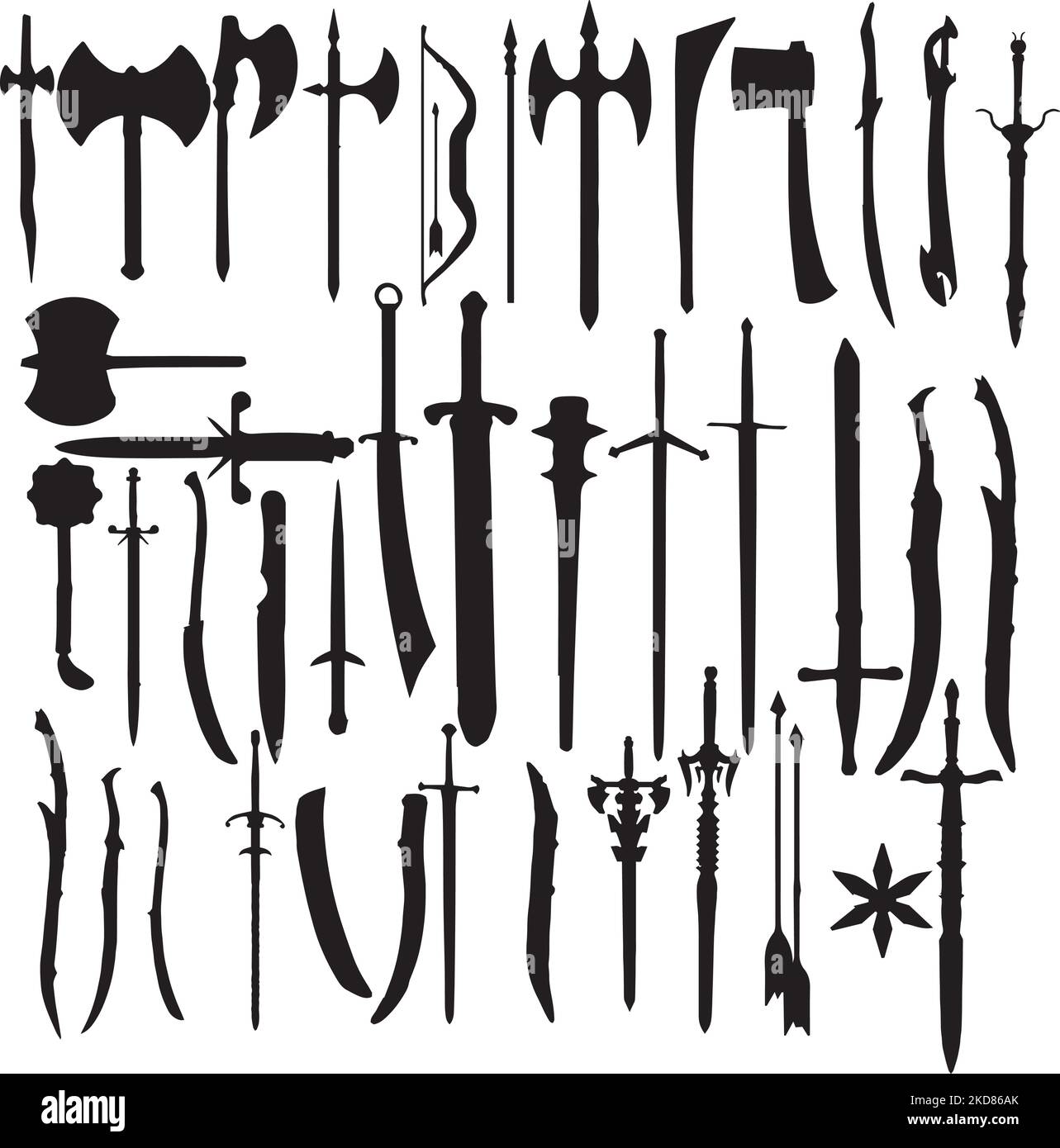 A digital illustration set of silhouettes of different weapons on a ...