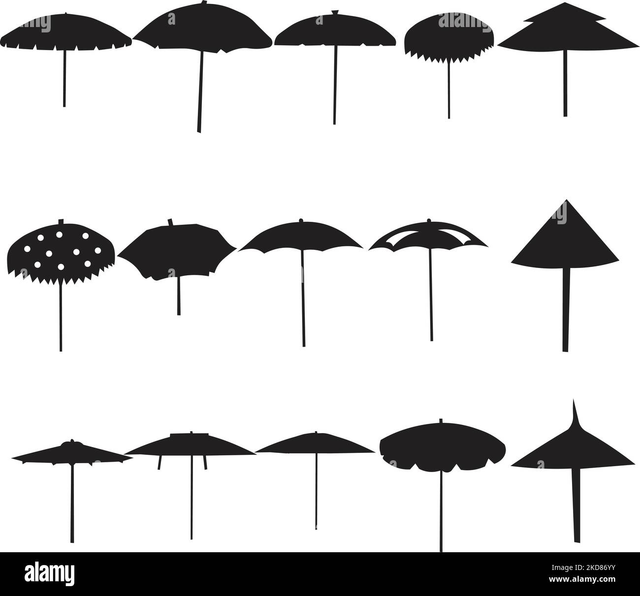A digital illustration set of silhouettes of different umbrellas on a ...