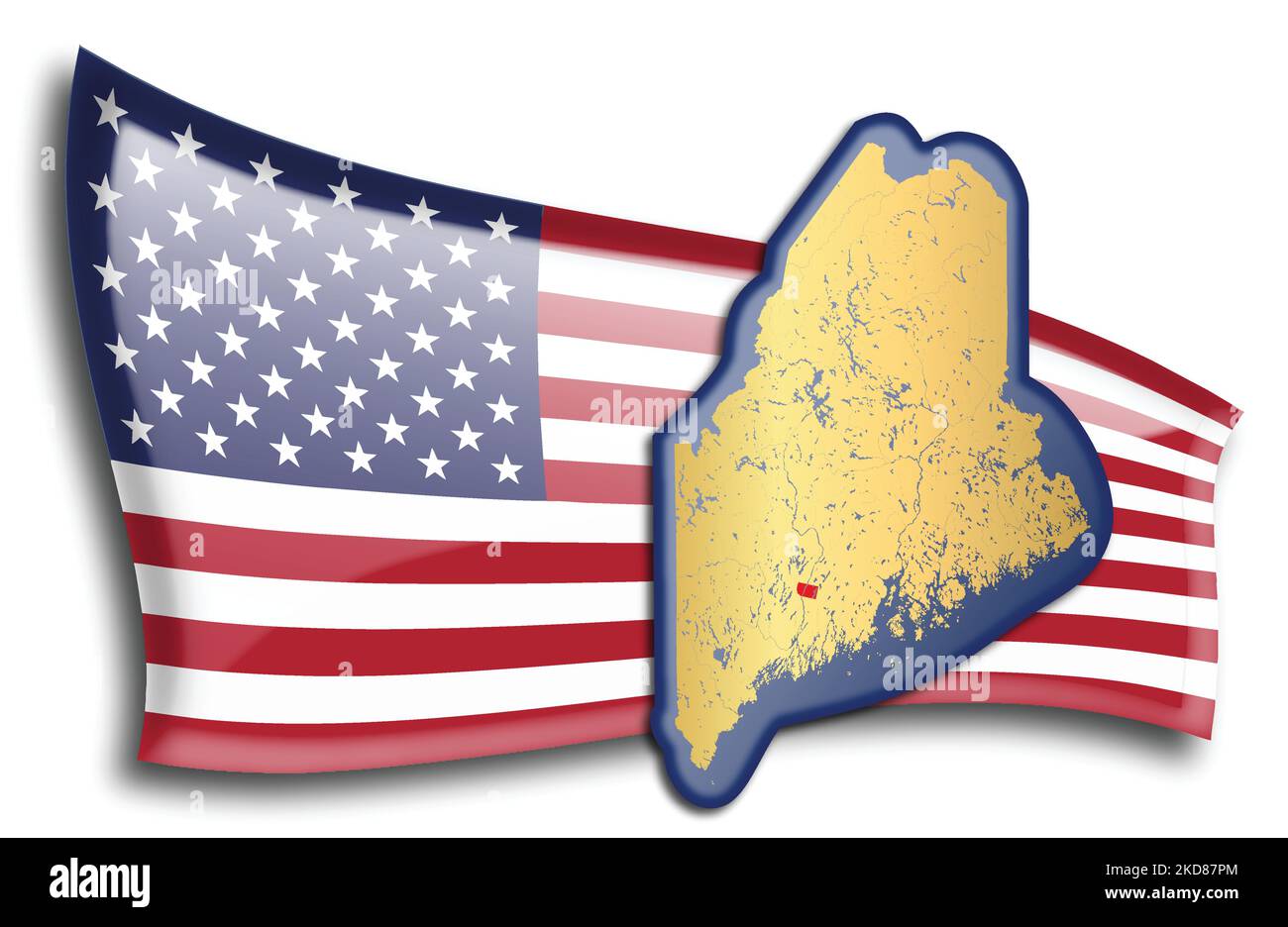 U.S. states - map of Maine against an American flag. Rivers and lakes ...