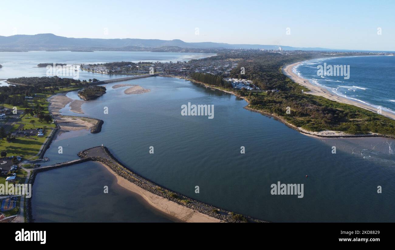 An aerial view of the shore and the sea in Wollongong, NSW, Australia ...
