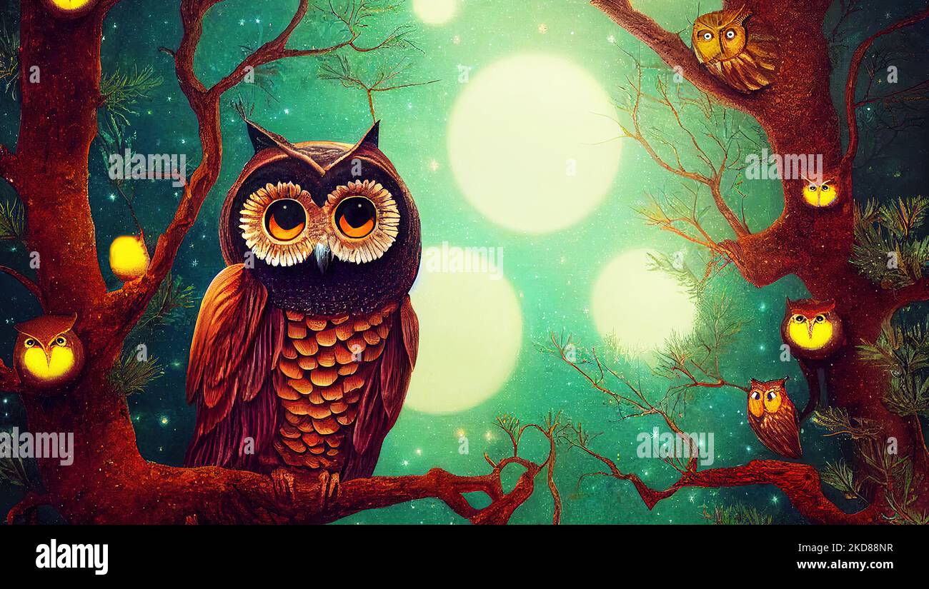 An illustration of an owl standing on a branch of a tree on the ...