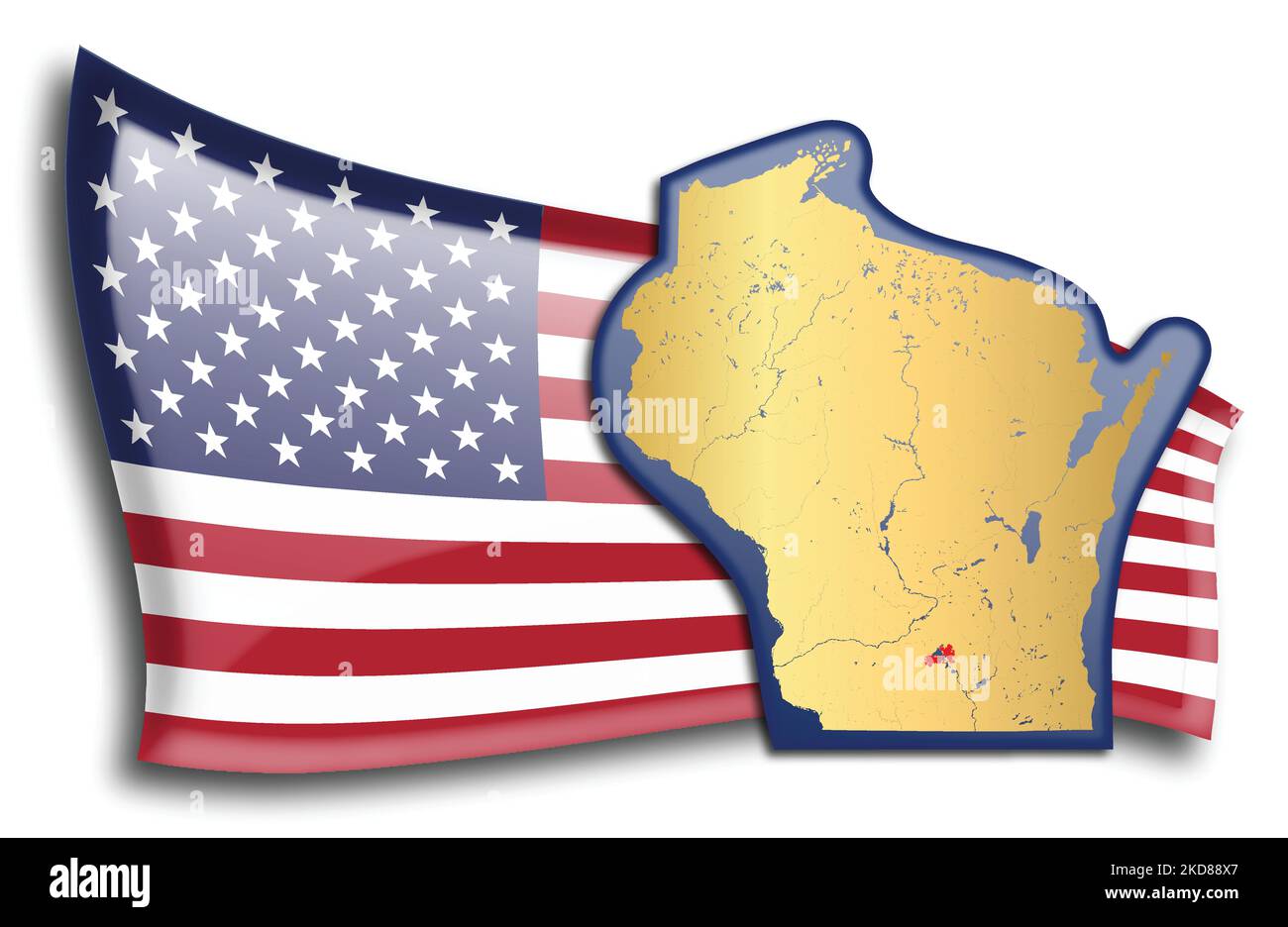 U.S. states - map of Wisconsin against an American flag. Rivers and ...