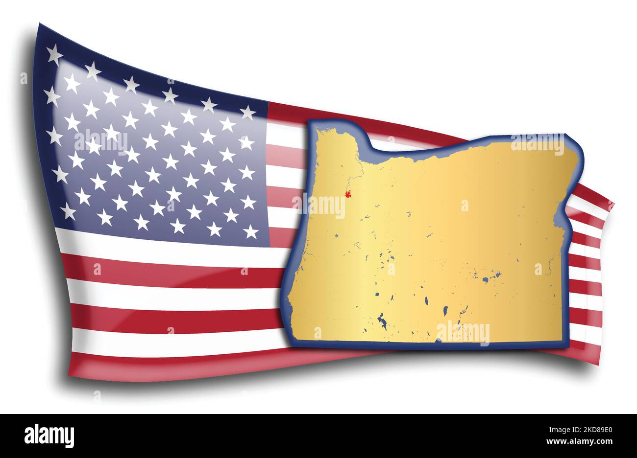 U.S. states - map of Oregon against an American flag. Rivers and lakes ...