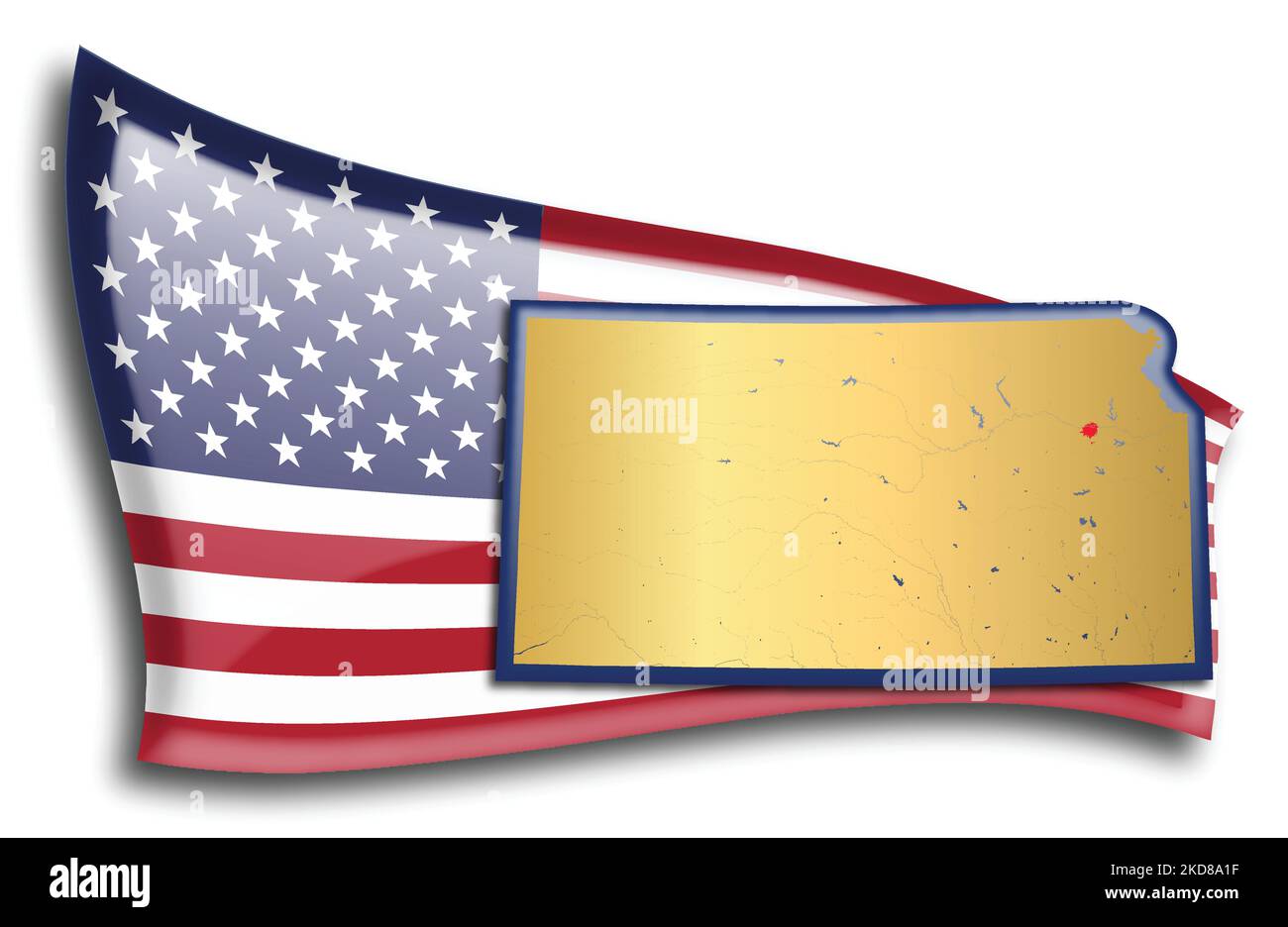 U.S. states - map of Kansas against an American flag. Rivers and lakes ...