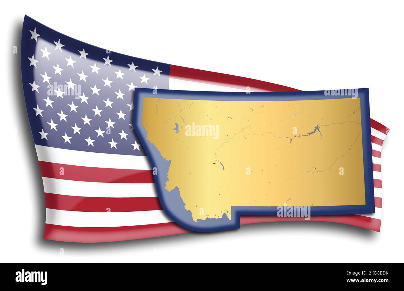 U.S. states - map of Montana against an American flag. Rivers and lakes ...