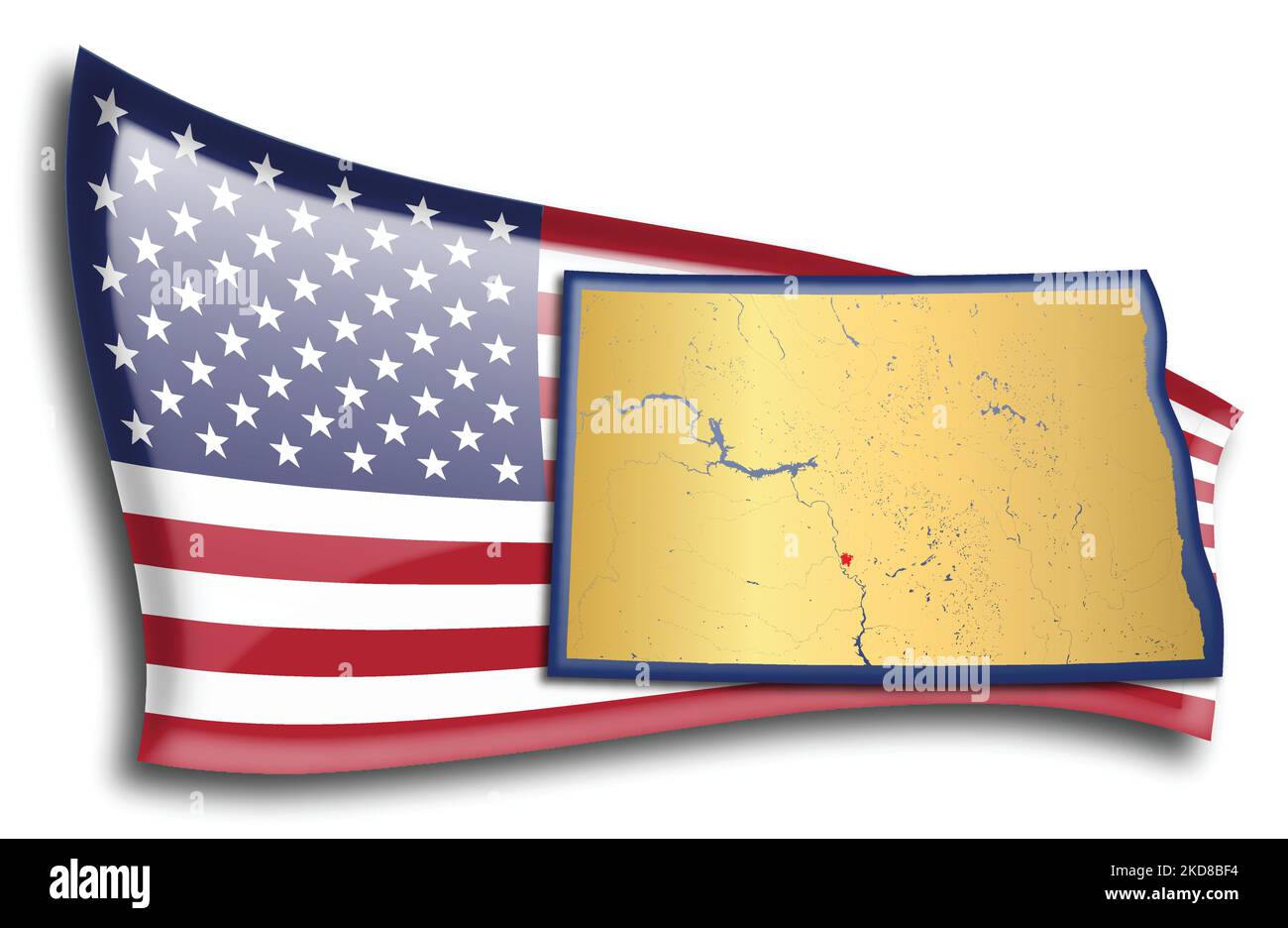 U.S. states - map of North Dakota against an American flag. Rivers and ...