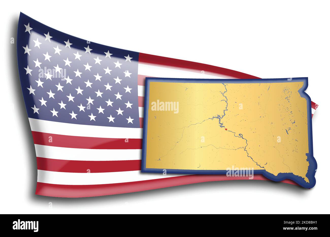 U.S. states - map of South Dakota against an American flag. Rivers and ...