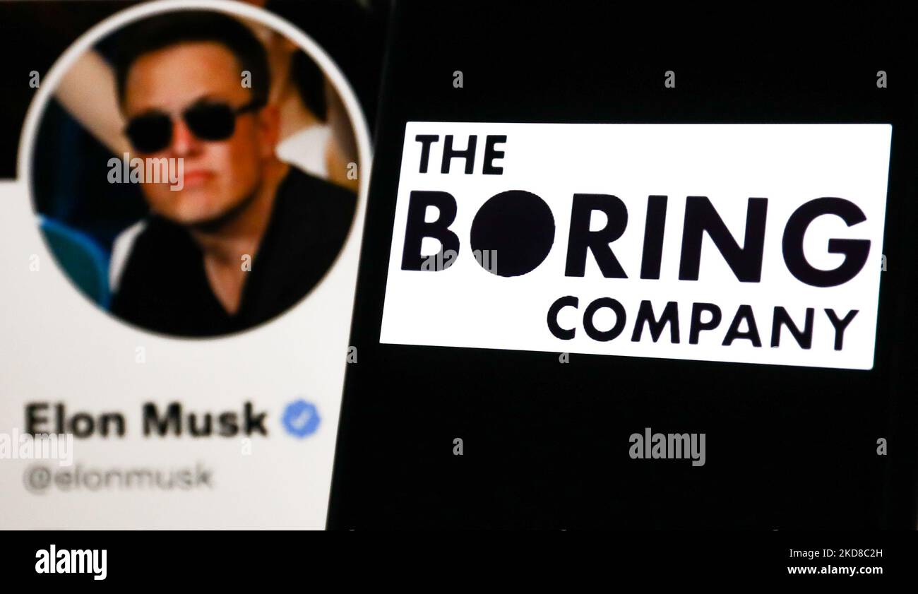 The Boring Company logo displayed on a phone screen and Elon Musk's ...