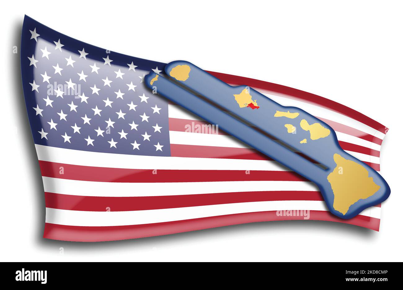 U.S. states - map of Hawaii against an American flag. Rivers and lakes ...