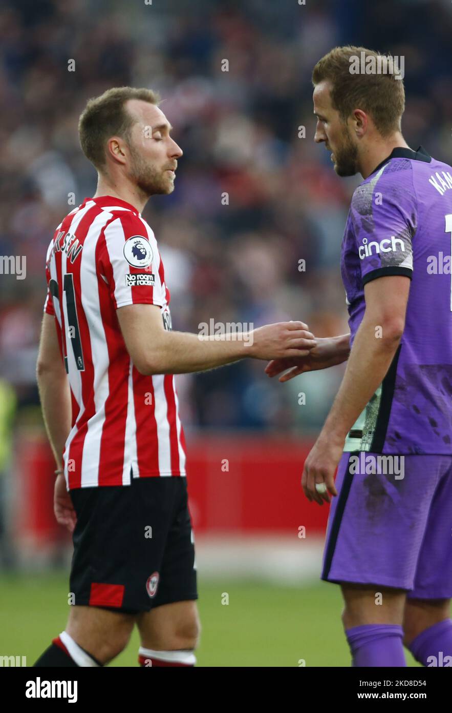 London, England - APRIL 23: L-R Christian Eriksen of Brentford shanks ...