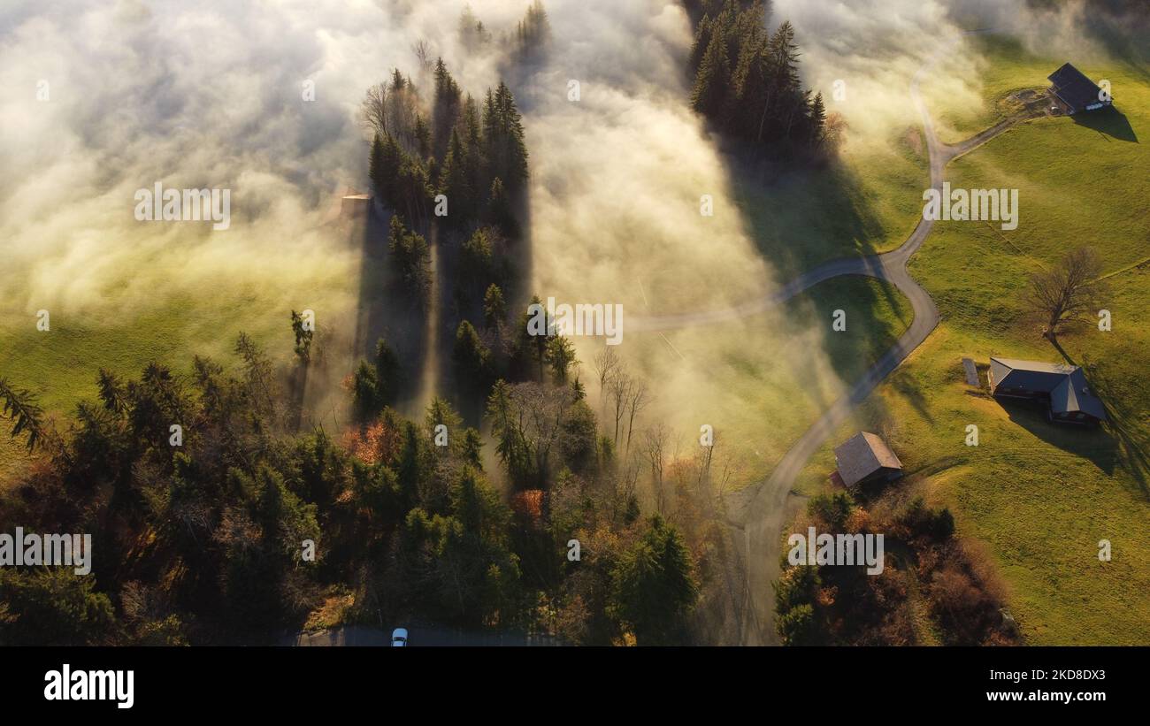 An aerial view of a natural landscape at fog Stock Photo - Alamy