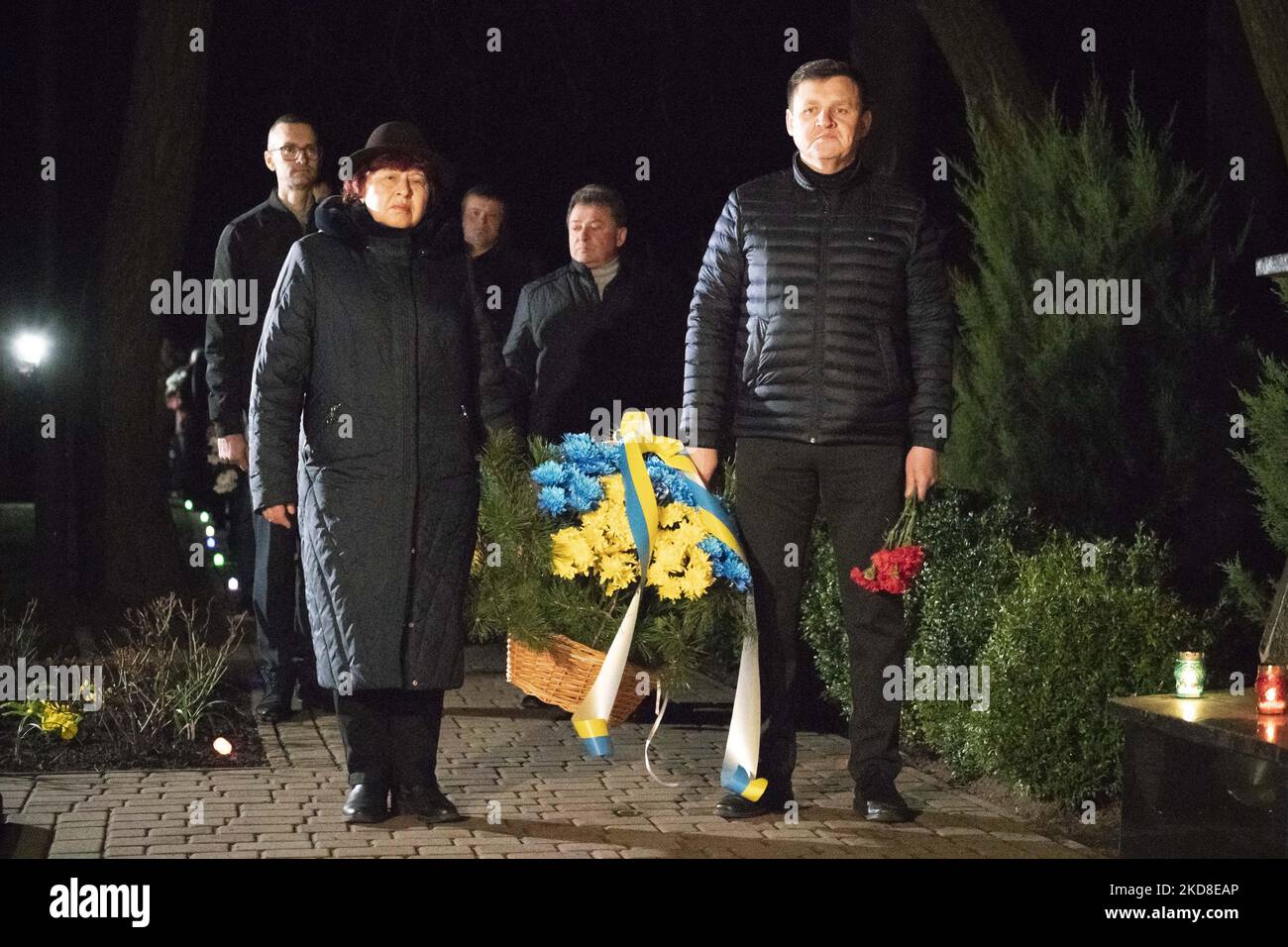The mayor of the city of Slavutych, Yurii Fomichev, on the right ...