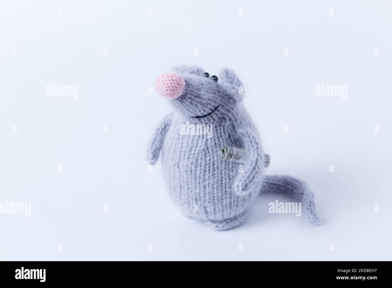 Knitted toy. A plush mouse knitted from threads with a dollar bill at ...