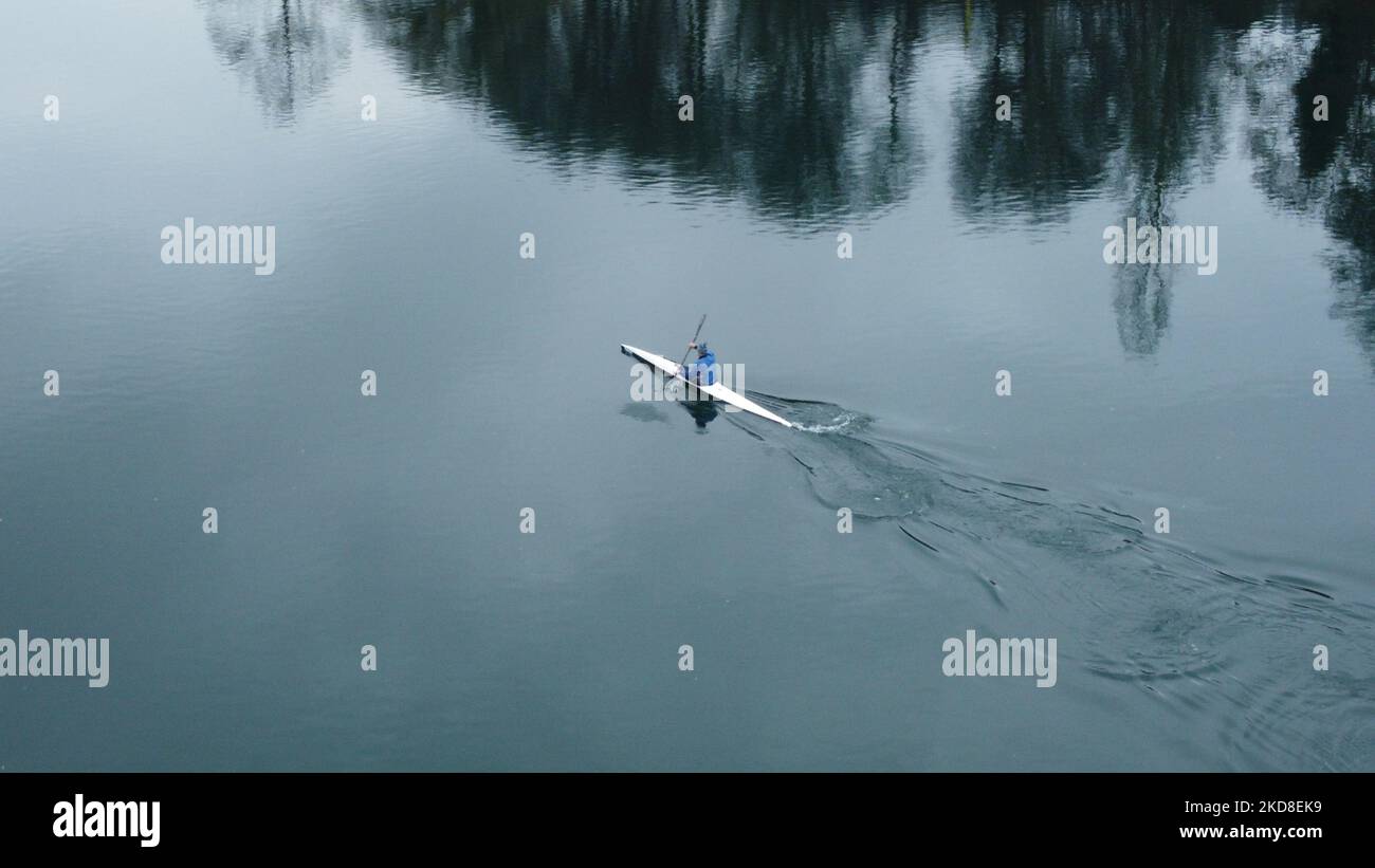 An aerial view of a male kayaking in the river Stock Photo - Alamy