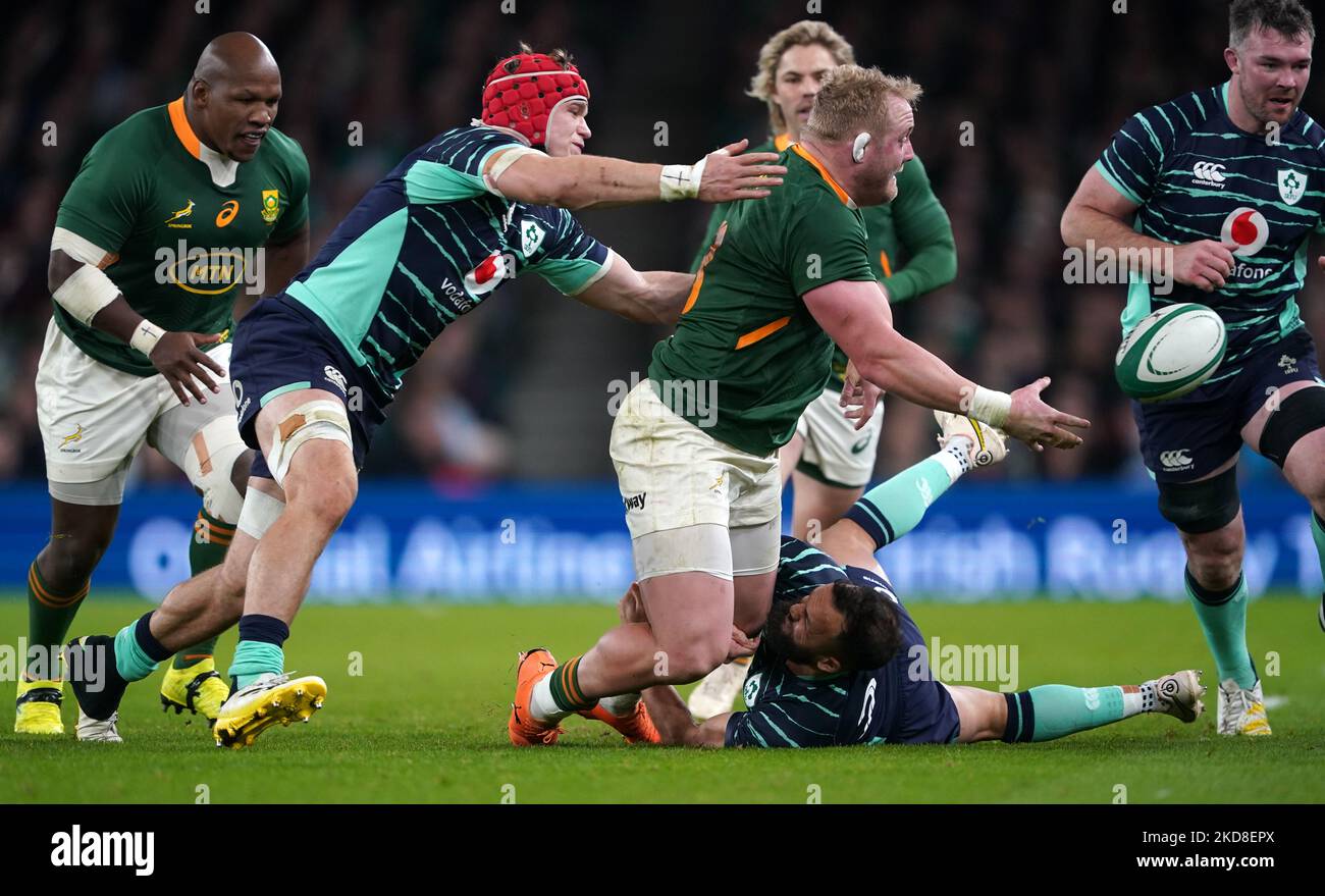 South Africa's Vincent Koch tackled by Ireland's Josh van der Flier and ...