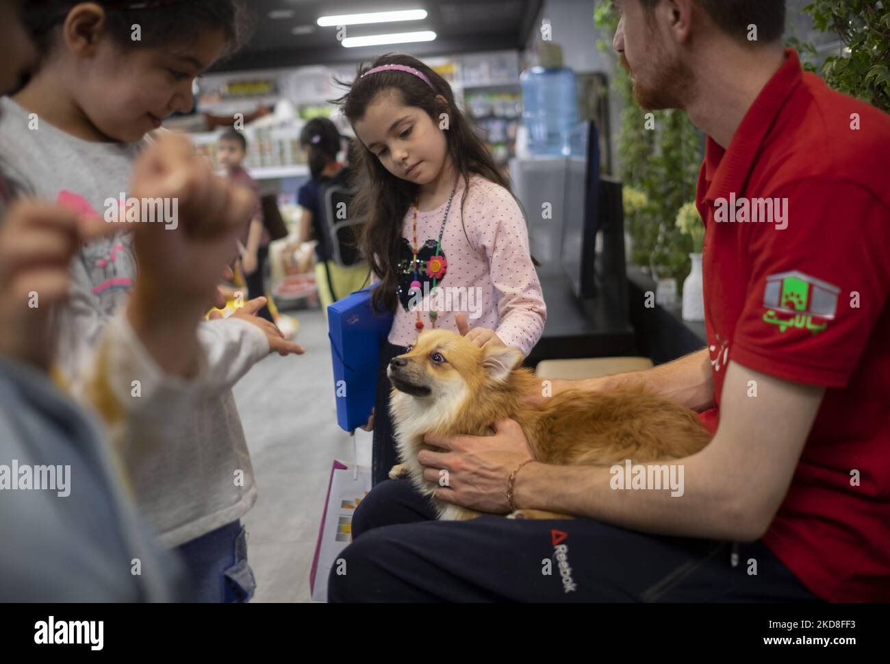 An Iranian employee holds a puppy as girls looks on it at the Pallapet ...