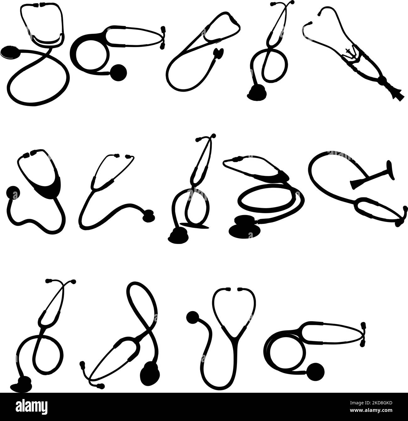 An icon pack of stethoscopes in different positions on a white ...
