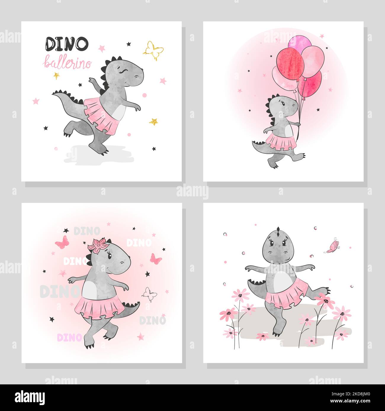 Greeting Birthday cards set with cute little dinosaur ballerina. Vector ...