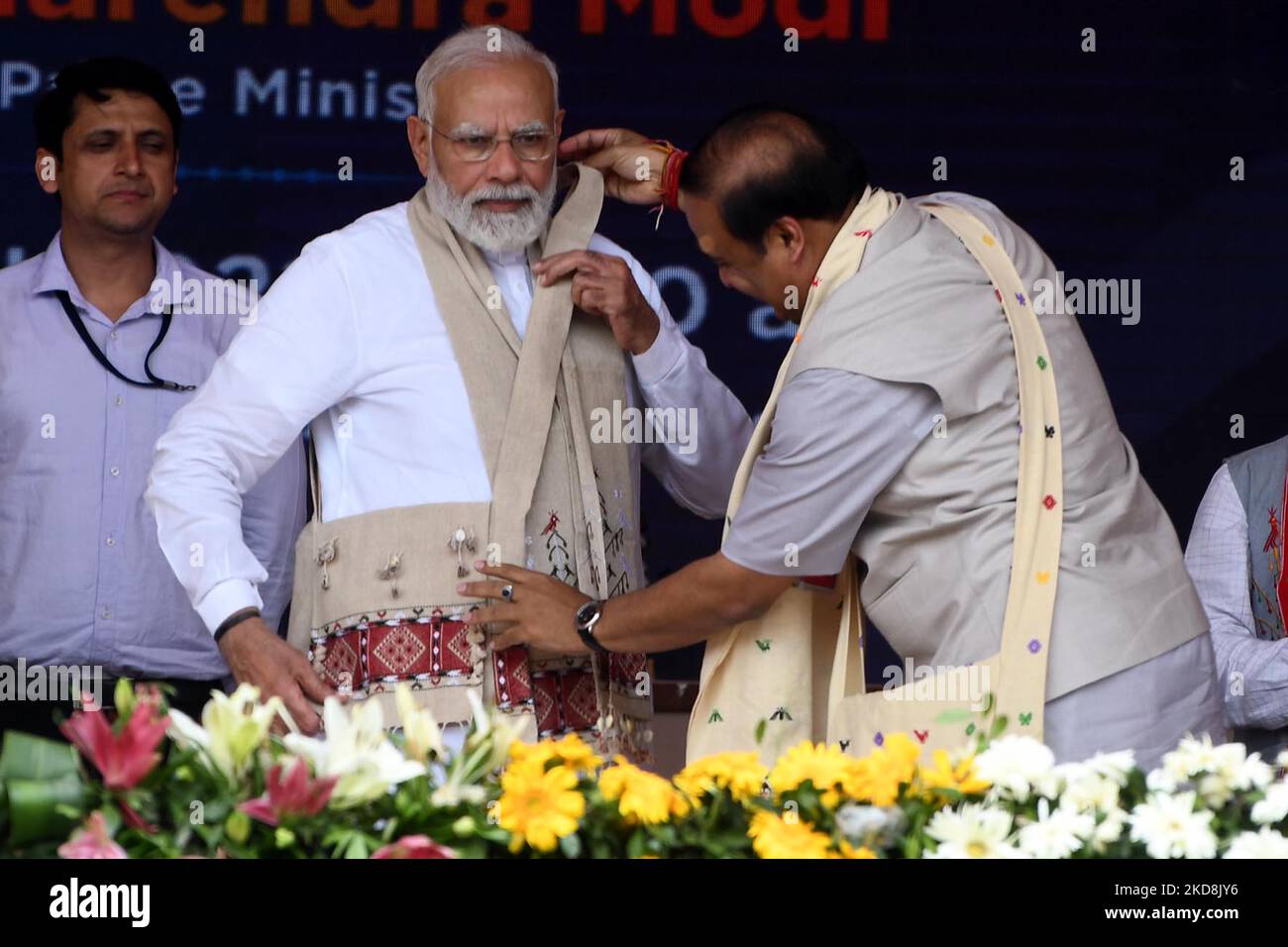 Indian Prime Minister Narendra Modi being felicitated by Assam CM ...