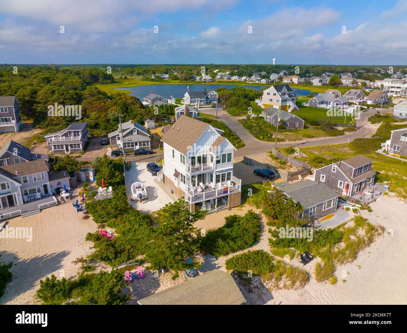 Historic waterfront house aerial view at West Dennis Beach in summer in ...