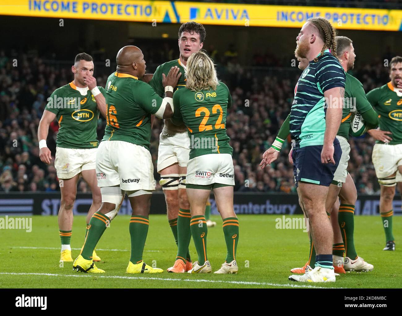 South Africa's Franco Mostert celebrates scoring their side's first try ...