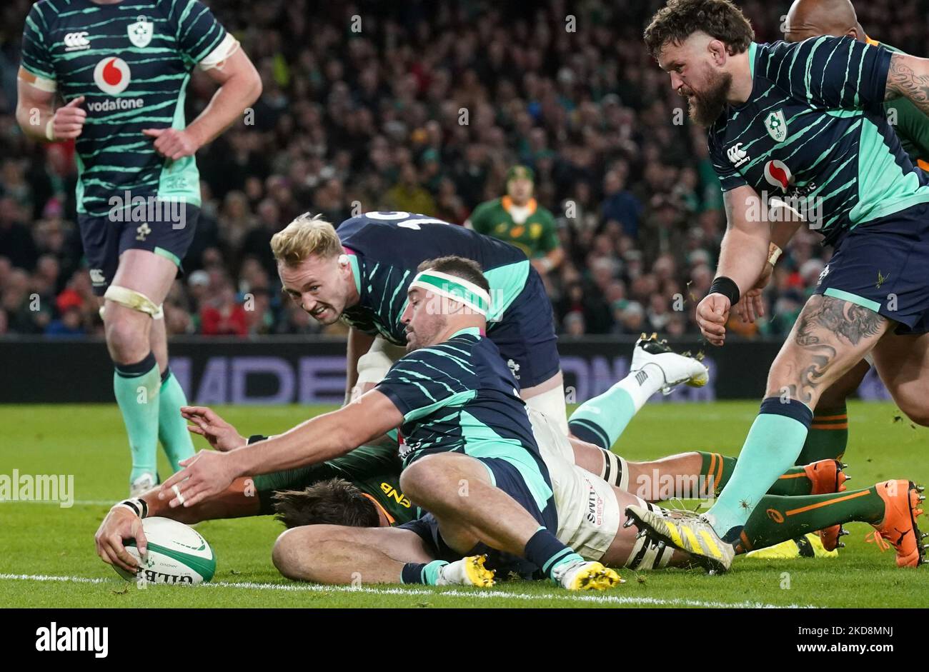 South Africa's Franco Mostert celebrates scoring their side's first try ...