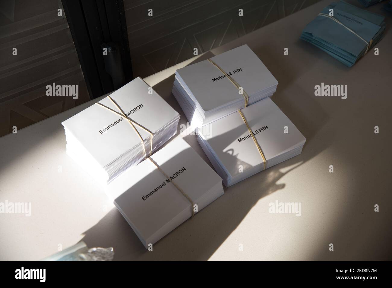 Envelopes with the names of Emmanuel Macron and Marine Le Pen at the ...