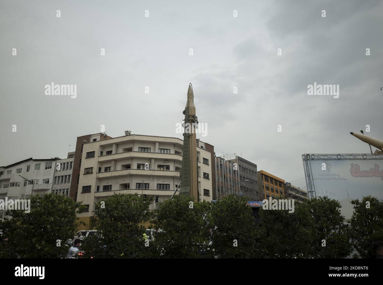 An Iranian Kheibar Shekan Ballistic missile is seen in downtown Tehran ...