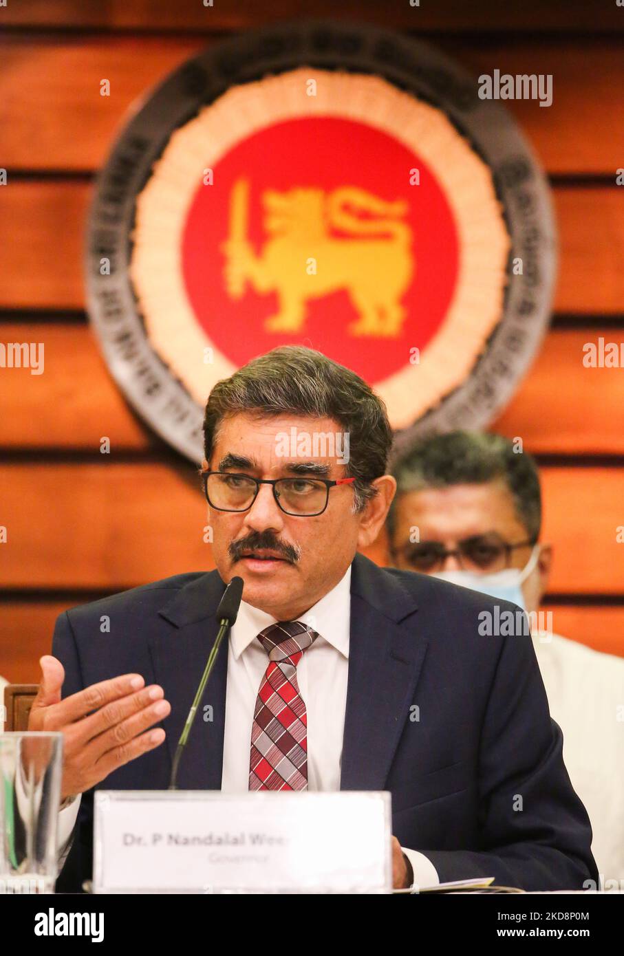 Governor of Sri Lankan Central Bank Nandalal Weerasinghe speaks during ...