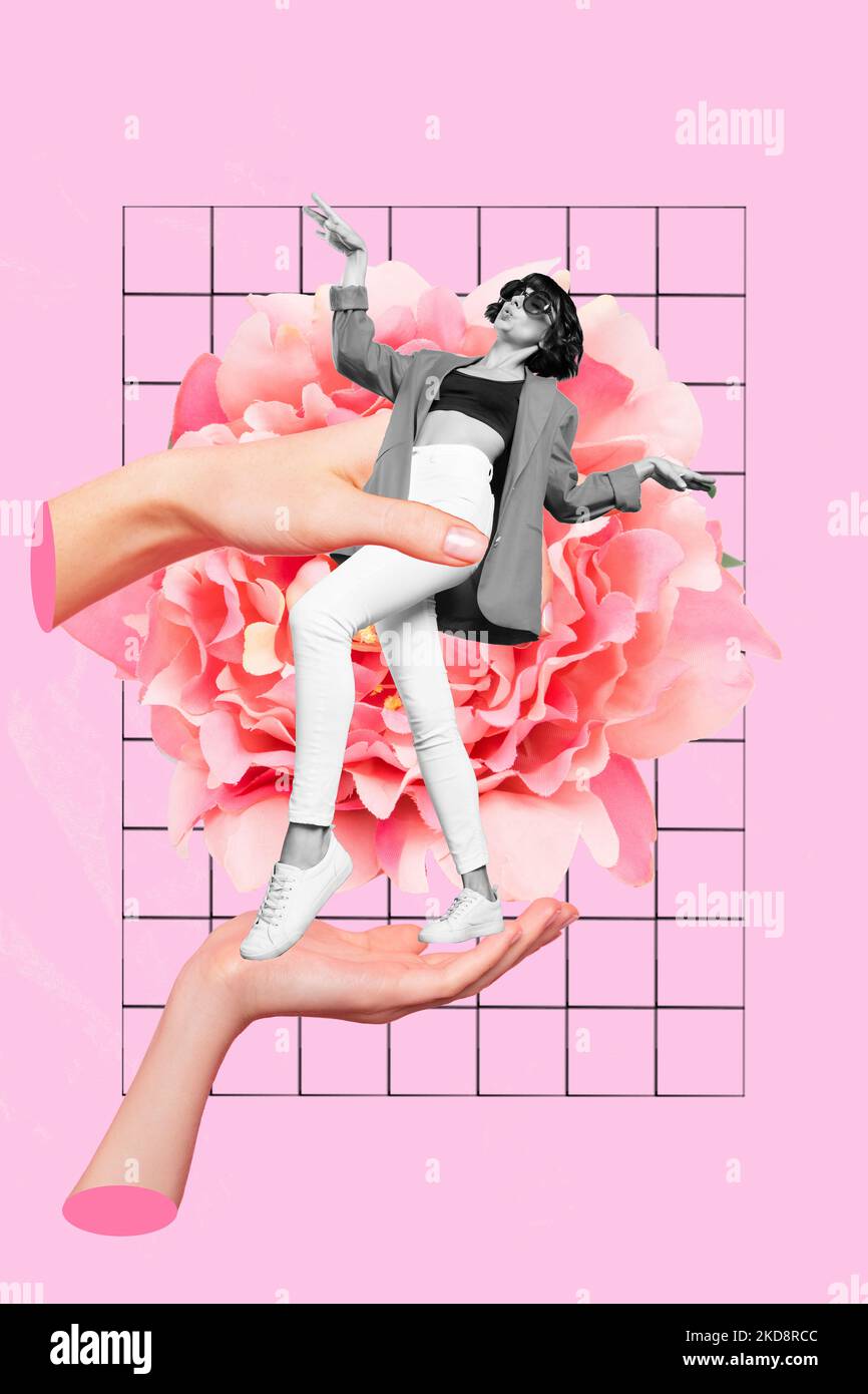 Vertical collage picture of huge arms hold mini dancing girl black ...