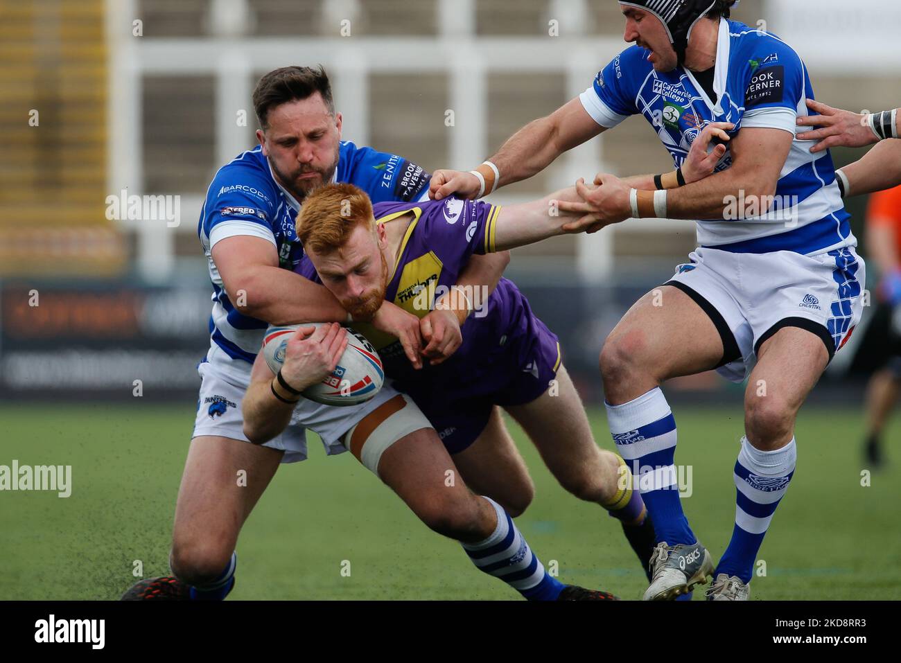 Alex Donaghy of Newcastle Thunder is brought down during the BETFRED ...