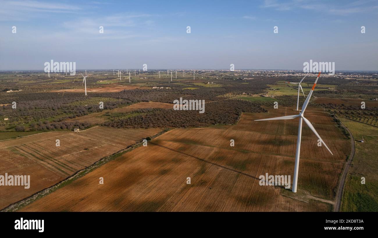 A drone view of a wind turbines in Surbo, Italy, on April 30, 2022 ...