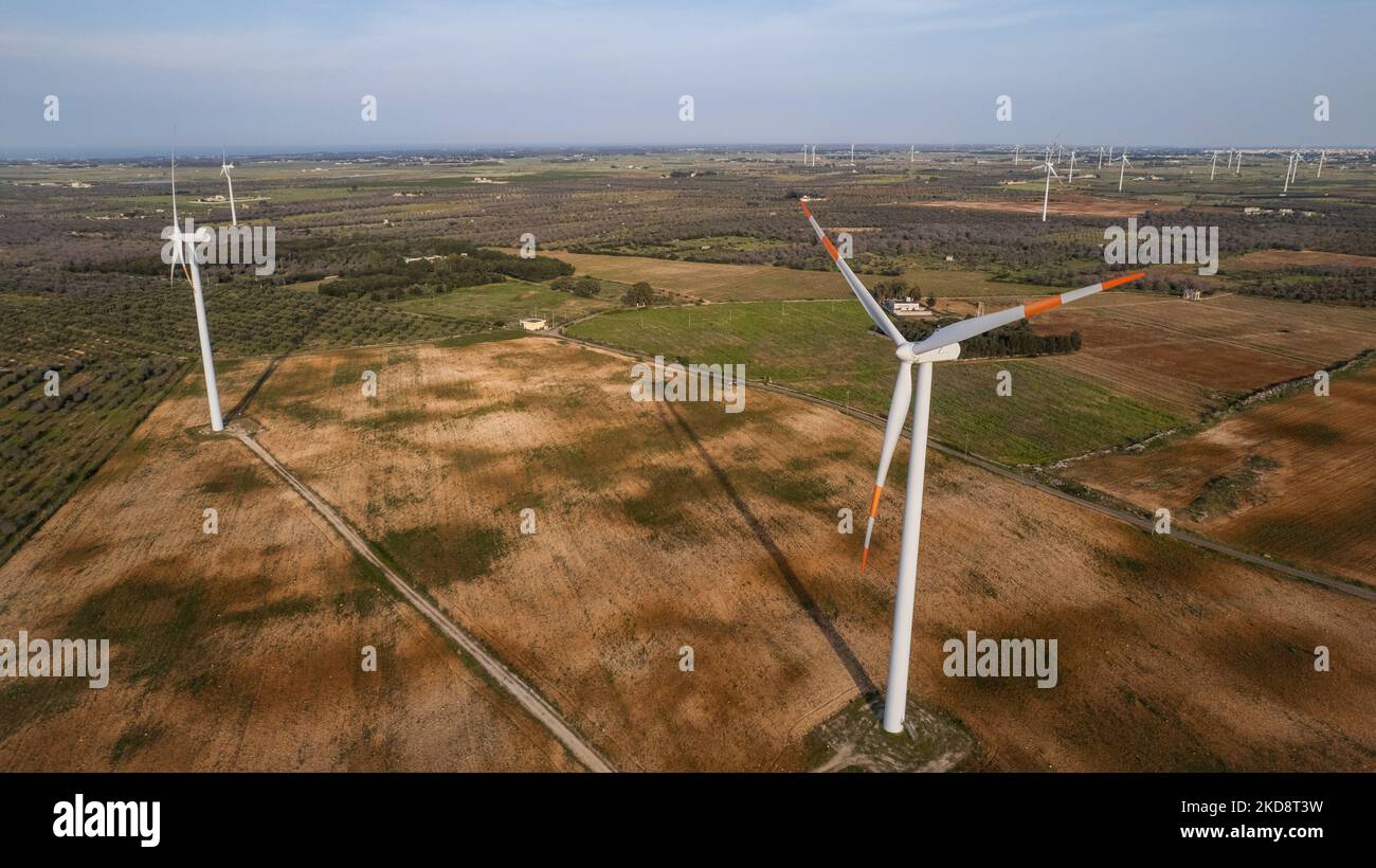 A drone view of a wind turbines in Surbo, Italy, on April 30, 2022 ...
