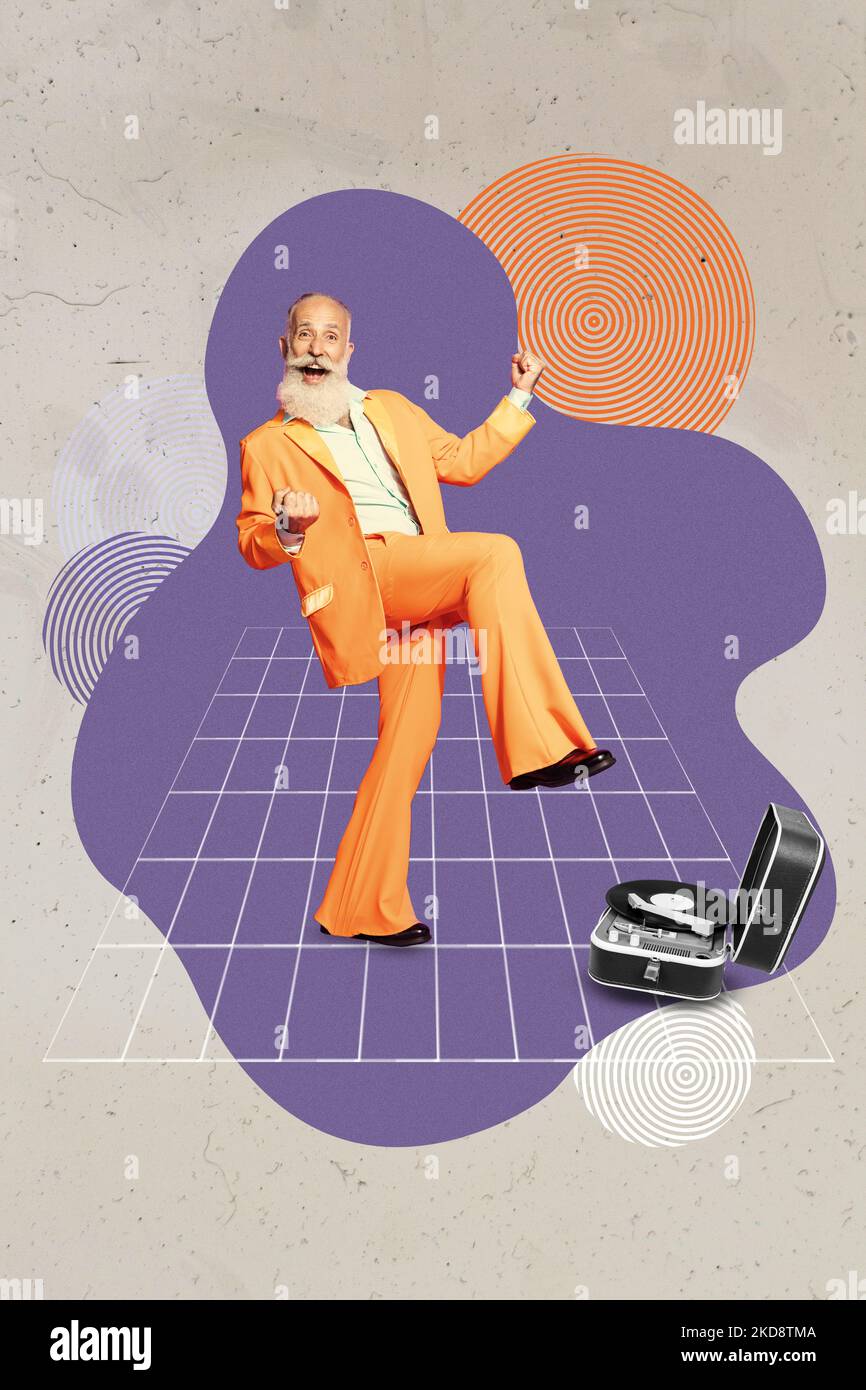 Creative photo 3d collage artwork of aged happy man meloman dancing ...