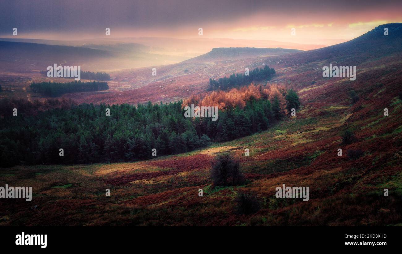 The Hathersage Moor at sunset on a stormy day in the Peak District ...