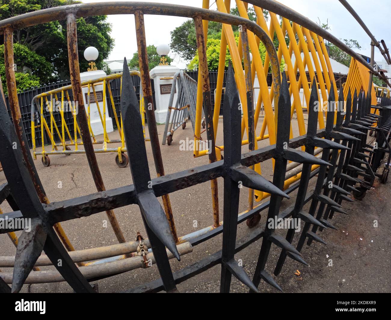Barricades block the main entrance to prime minister, Mahinda Rajapaksa ...