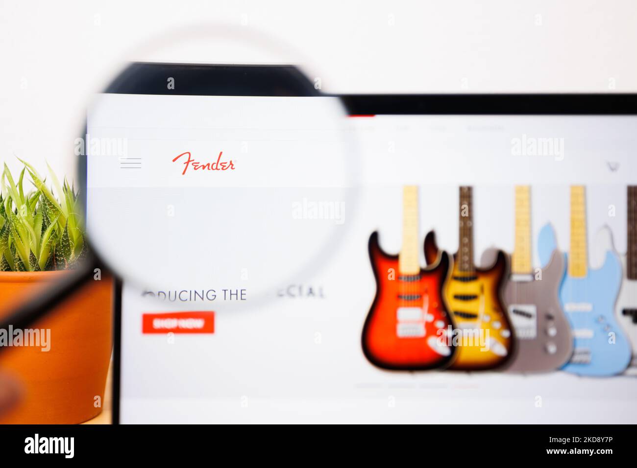 A Fender Logo under a magnifying glass. Fender Website on Laptop screen ...