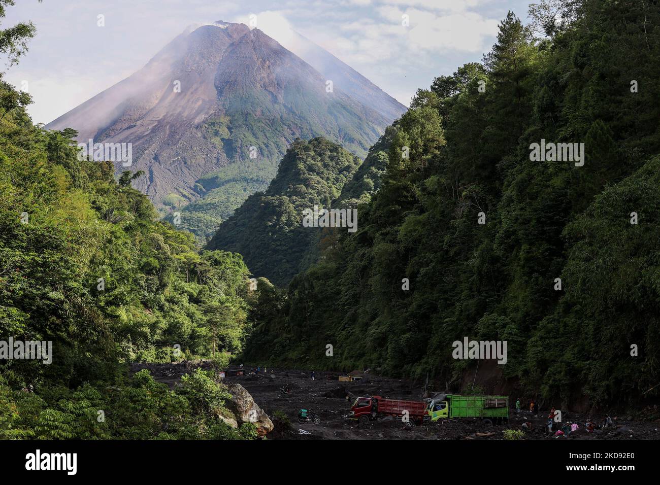 Mount Merapi, a volcanic mountain as seen from Boyong River in Sleman ...