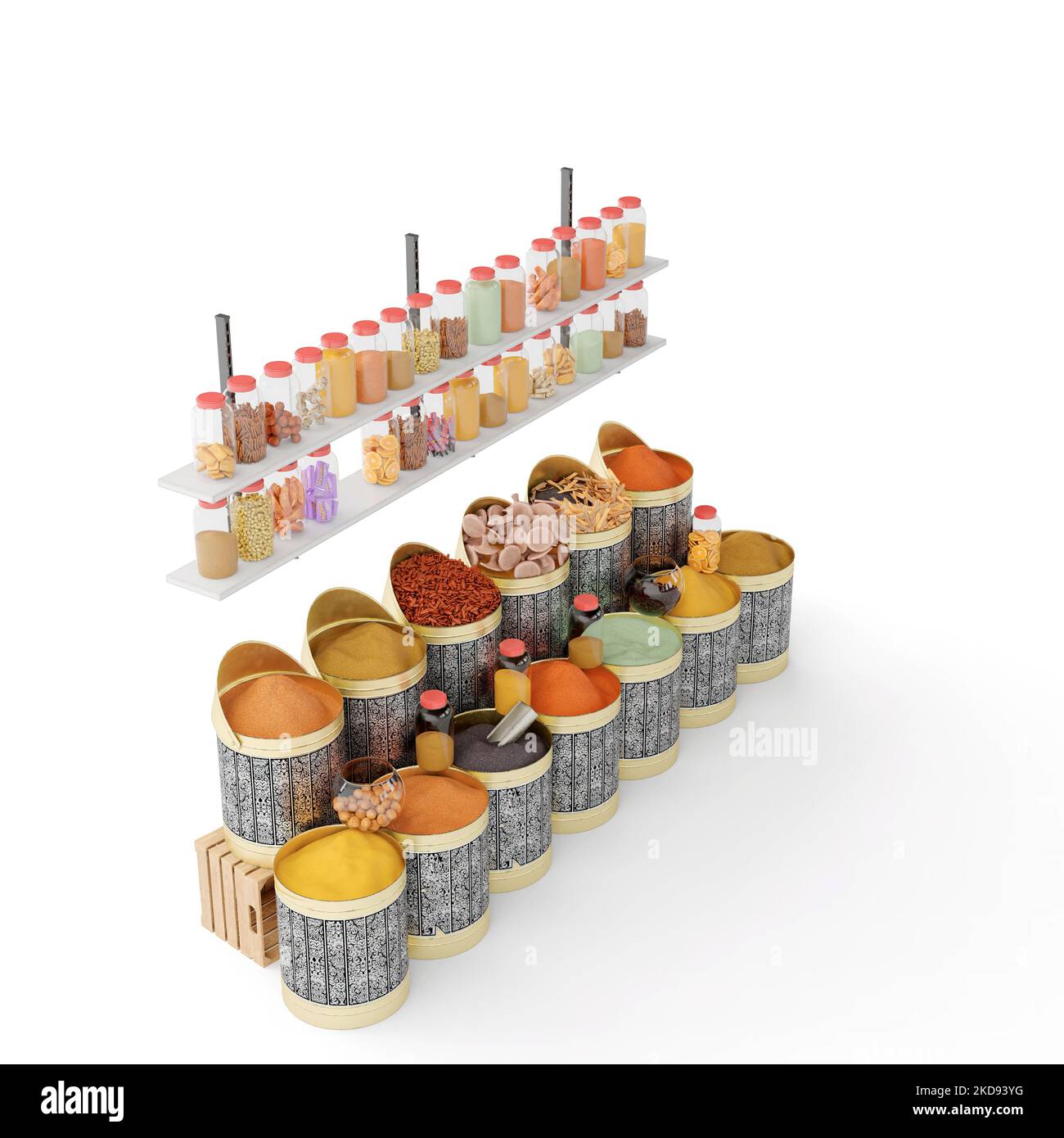 A 3d rendering of a showcase of boxes with spices against an isolated ...