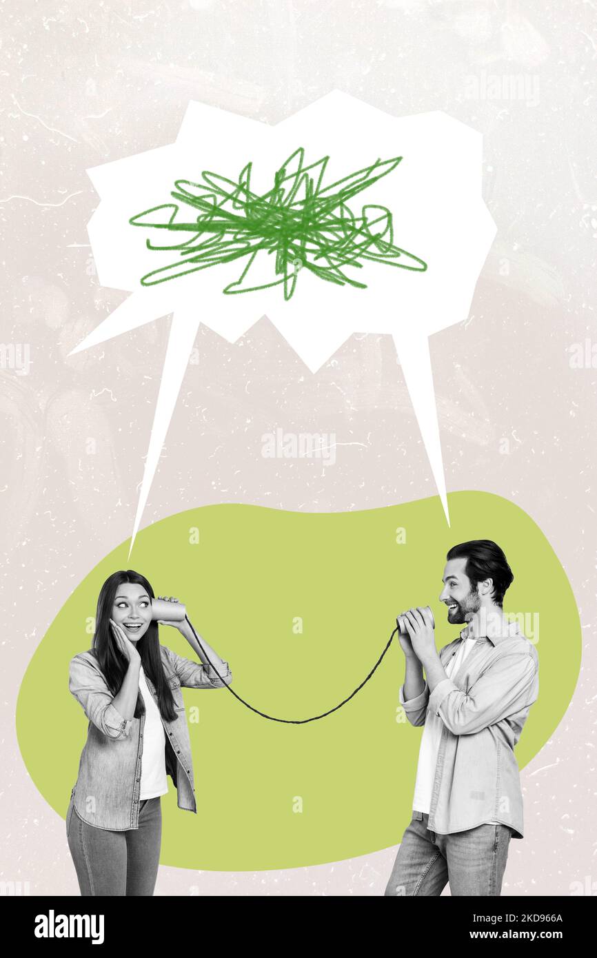 Vertical collage picture of two cheerful people black white effect hold ...