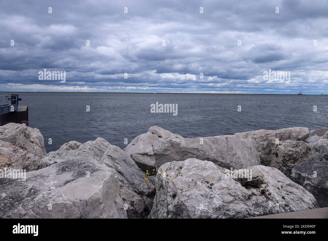 Sailboat in the distance sailing on Lake Michigan, Lakeshore State Park ...
