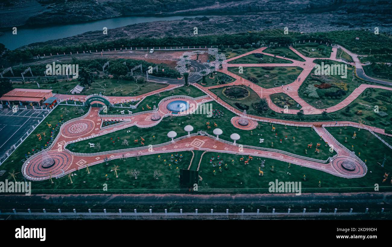 An aerial view of an elegant garden with interconnected pathways and ...
