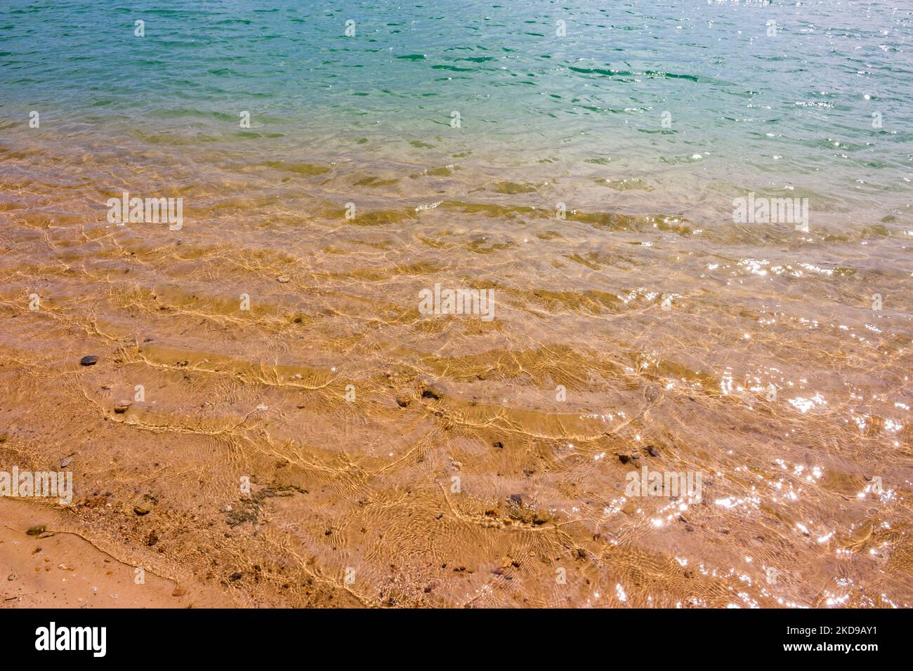 Yellow turquoise color of water on the sandy shore, beautiful ...